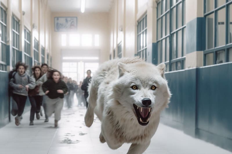 White Wolf Runs Down the School Corridor, Chased by Children. AI ...