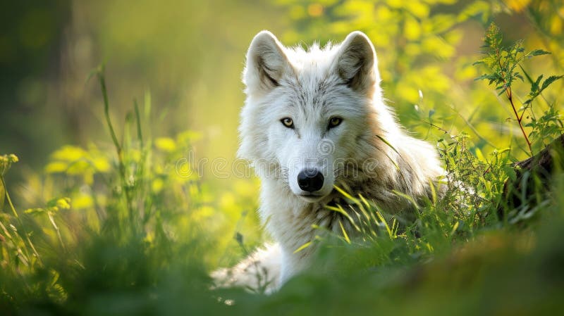 A Majestic White Wolf Resting in the Lush Green Grass Stock Image ...