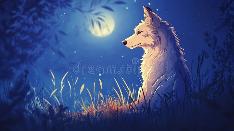 White Wolf Sitting in the Grass Under the Moonlight Stock Image - Image ...