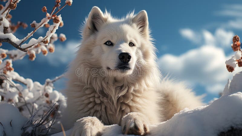 A White Wolf Sitting in the Snow. Generative AI. Stock Photo - Image of ...