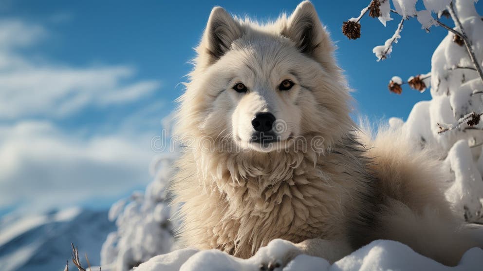 A White Wolf Sitting in the Snow. Generative AI. Stock Image - Image of ...