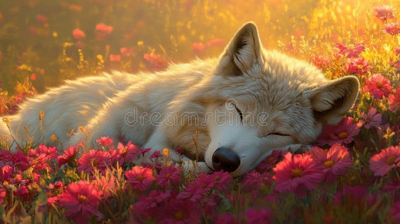 White Wolf Sleeping in a Pink Flower Field Stock Illustration ...