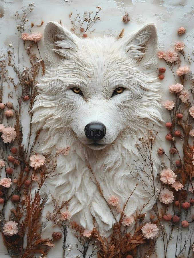 White Wolf in the Snow and Red Flowers Stock Illustration ...