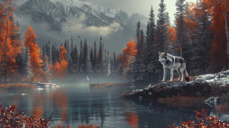 A White Wolf Stand Near the River with Trees and Snow Mountain ...
