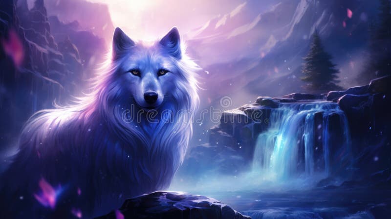 A White Wolf Standing in Front of a Waterfall Stock Image - Image of ...