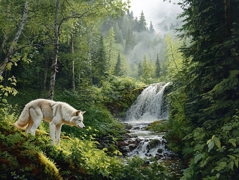 White Wolf Standing Gazing at a Tranquil Waterfall in a Dense Forest ...