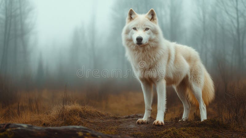 A White Wolf Standing on a Grassy Field in the Fog, AI Stock Photo ...