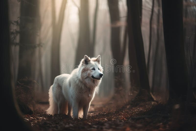 A White Wolf with Blood on His Face Standing in a Forest with Red Roses ...
