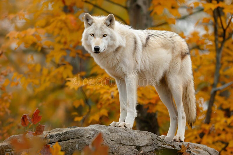 White Wolf Standing on a Rock in Fall Trees, High Quality, High ...