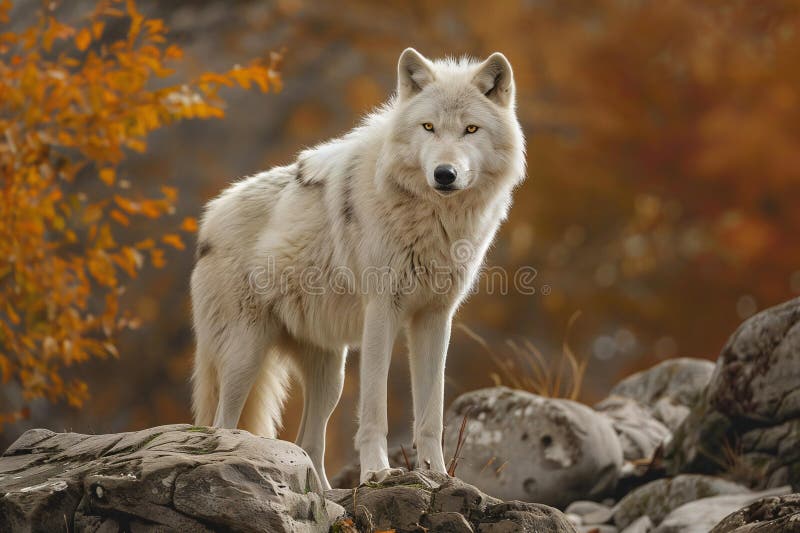 White Wolf Standing on Rock and Looking at Camera in Autumn Forest ...