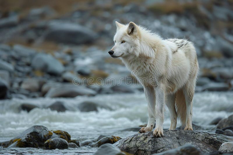 White Wolf Standing on a Rock in the Water of a Mountain River Stock ...