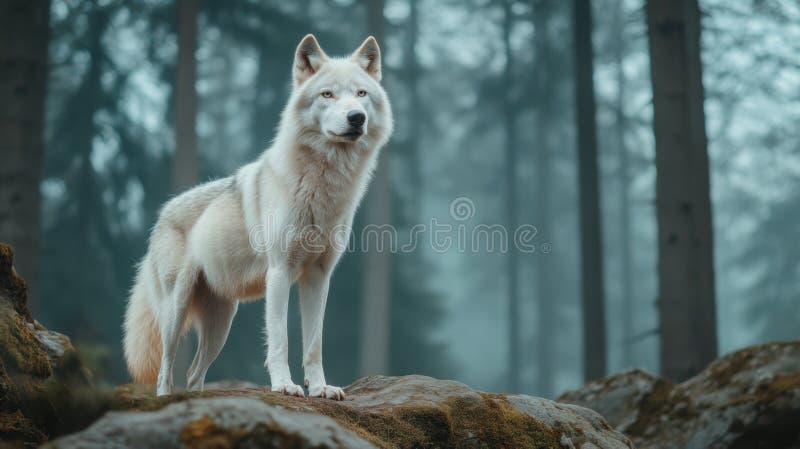 A White Wolf Standing on a Rock in the Woods, AI Stock Image - Image of ...