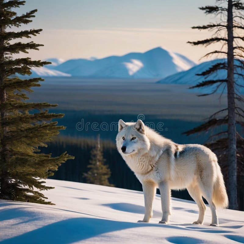 White Wolf Standing on Snow in the Mountains. Stock Illustration ...