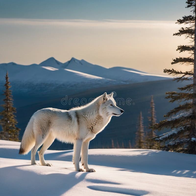 White Wolf Standing on Snow in the Mountains. Stock Illustration ...