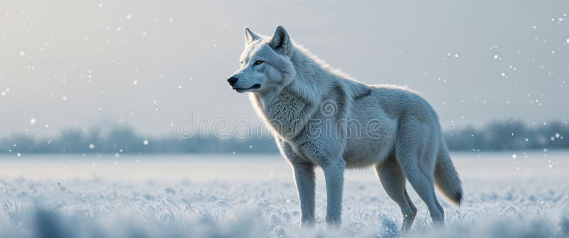 White Wolf Standing in Snowy Field Looking Majestically into Distance ...