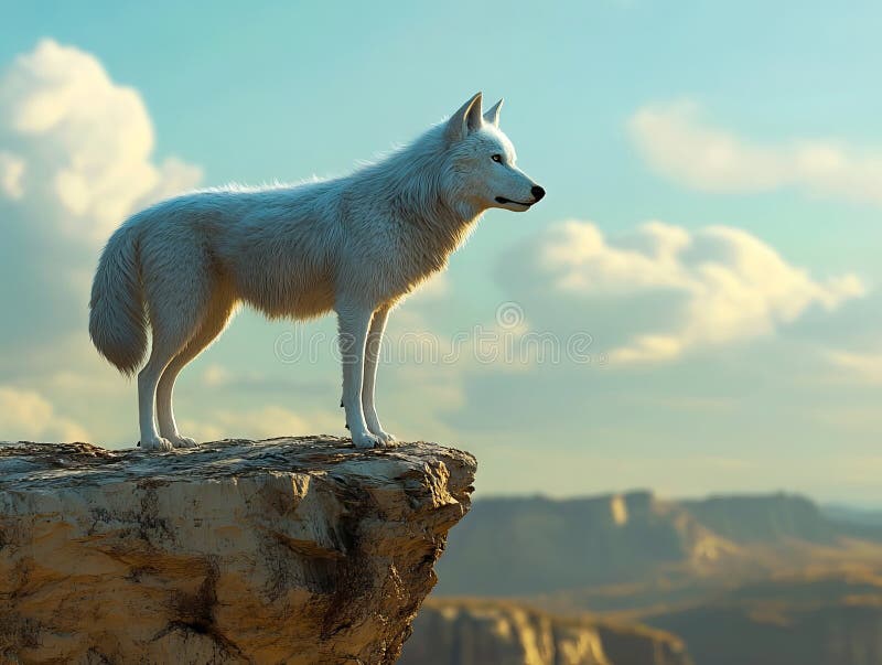 A White Wolf Standing on Top of a Cliff Stock Image - Image of white ...