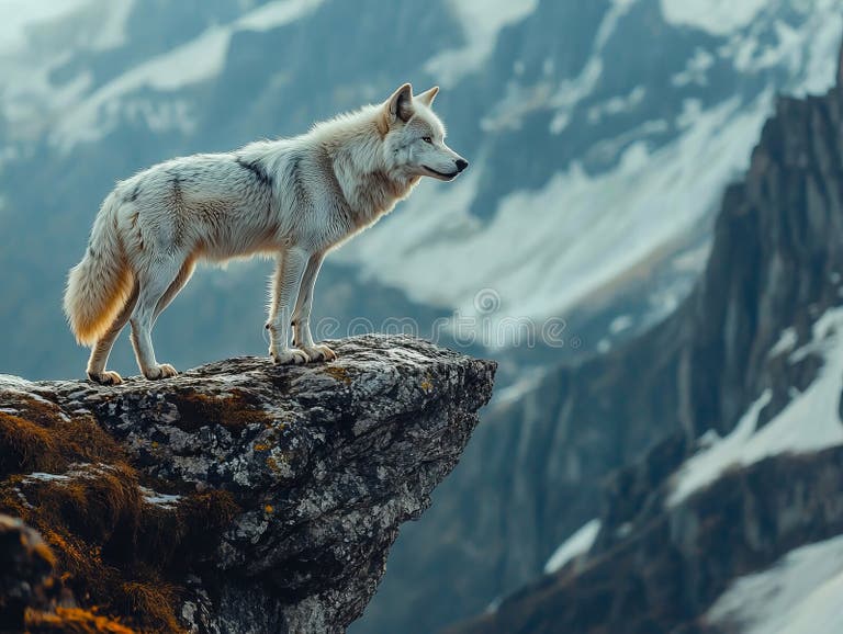 A White Wolf Standing on Top of a Mountain Stock Image - Image of stare ...