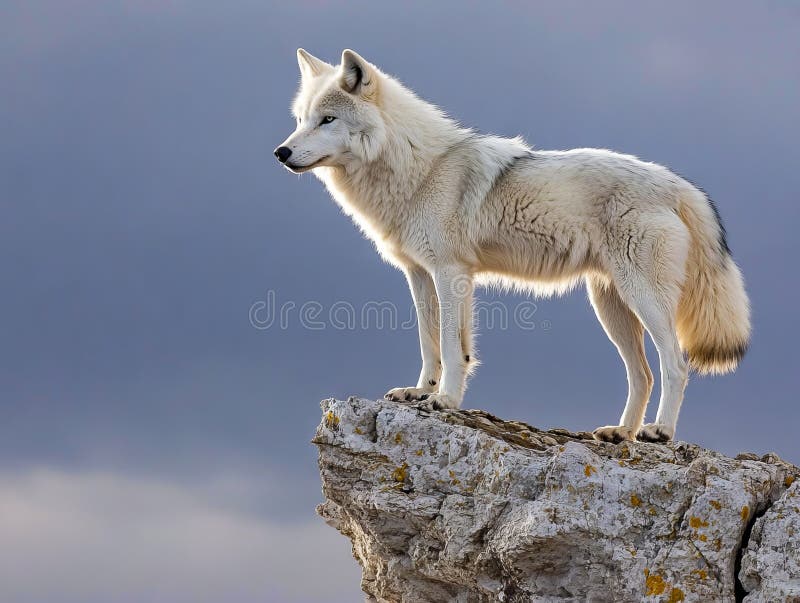 A White Wolf Standing on Top of a Rock Stock Photo - Image of standing ...