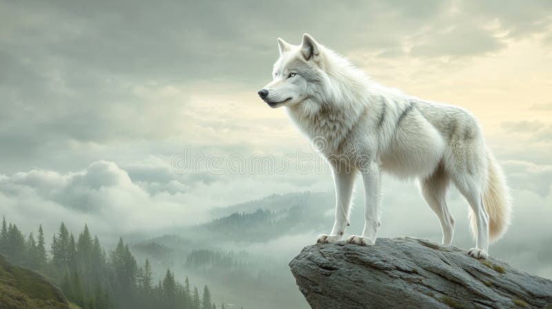 A White Wolf Standing on Top of a Rock in the Mountains, AI Stock Photo ...