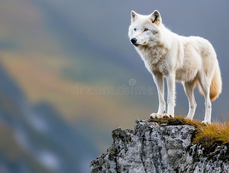 A White Wolf Standing on Top of a Rocky Hillside Stock Photo - Image of ...