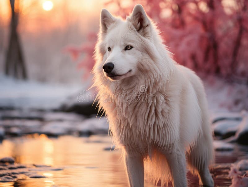 A White Wolf Standing in the Water at Sunset, AI Stock Image - Image of ...