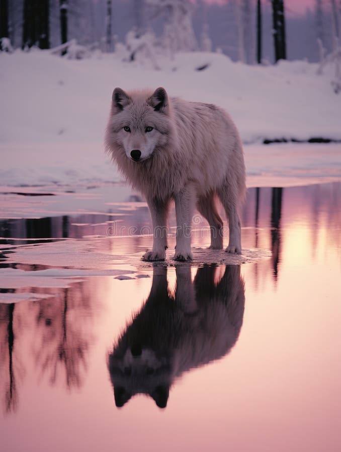 A White Wolf Standing in the Water at Sunset, AI Stock Photo - Image of ...