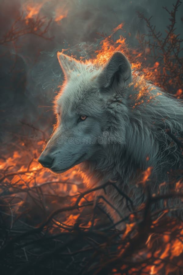 A White Wolf Stands in a Field Surrounded by Flames, Conveying ...