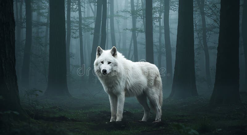A White Wolf Stands on a Grassy Forest Floor, Surrounded by Tall, Dark ...