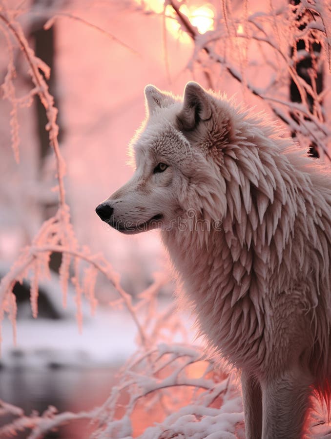 A White Wolf Stands in the Snow at Sunset, AI Stock Photo - Image of ...