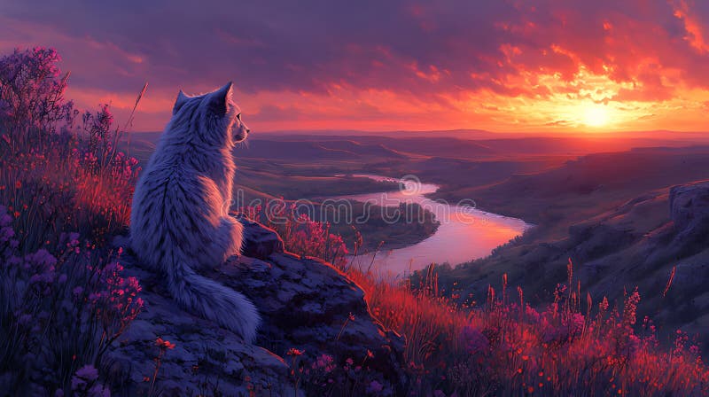 White Wolf Sunset Valley River Landscape Artwork Stock Illustration ...