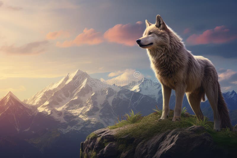 White Wolf on Top of Mountain at Sunset Stock Illustration - Illustration of black, landscape ...