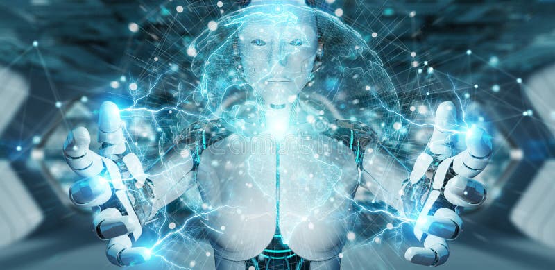 White Woman Cyborg Using Planet Earth Interface 3D Rendering Stock ...