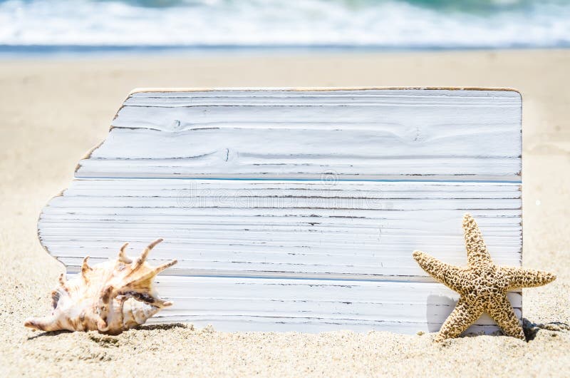 White Wood Board with Seashell and Starfish on the Sandy Beach Stock ...