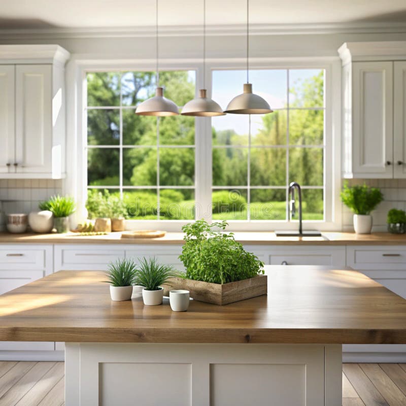 White Wood Kitchen Counter with Green Garden View Stock Illustration ...
