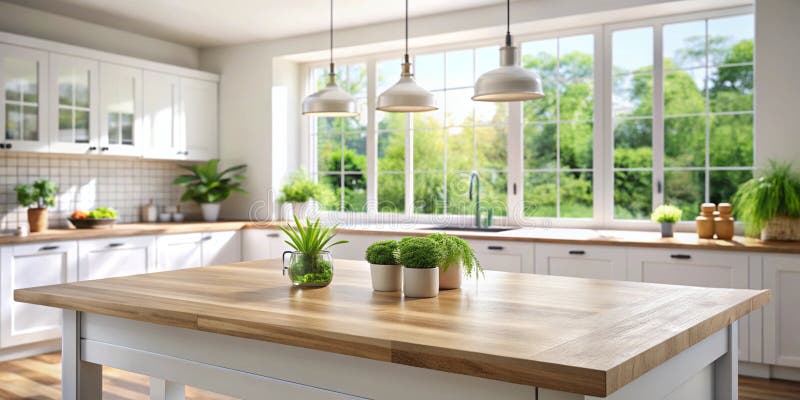 White Wood Kitchen Counter with Green Garden View Stock Illustration ...