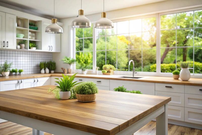 White Wood Kitchen Counter with Green Garden View Stock Illustration ...