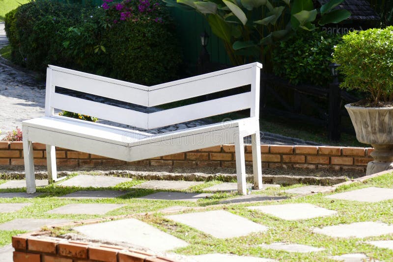White Wooden Bench in the Garden Stock Image - Image of garden ...