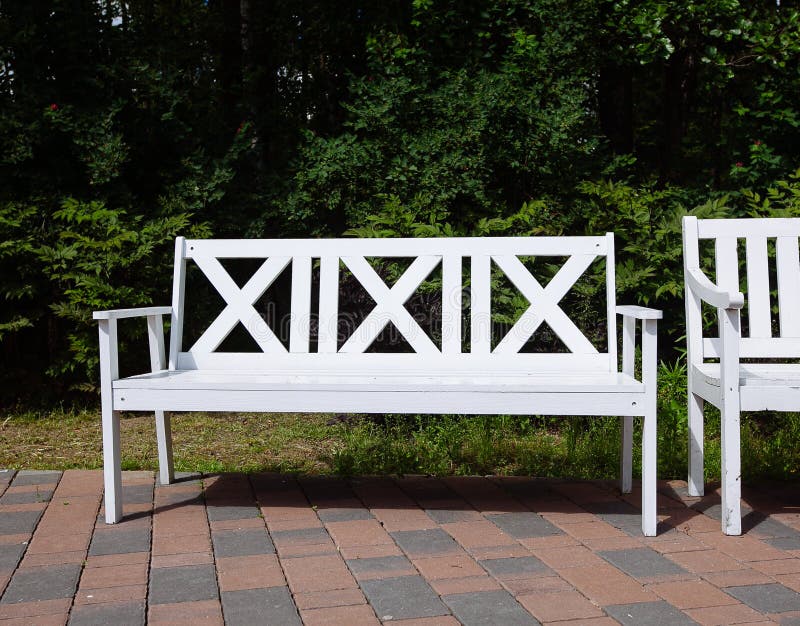 White Wooden Benches in the Park, Summer Day Stock Image - Image of ...
