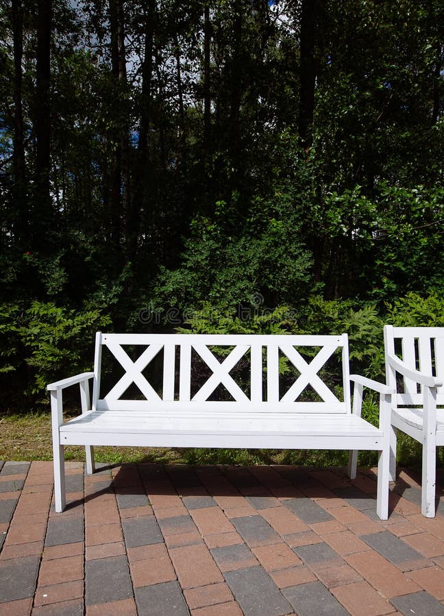 White Wooden Benches in the Park, Summer Day Stock Image - Image of ...
