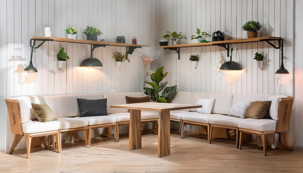 White and Wooden Cafe Corner with Sofas Stock Illustration ...