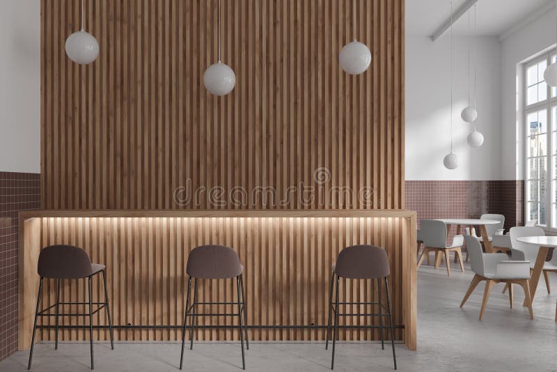 White and Wooden Cafe Interior with Bar Counter Stock Illustration ...