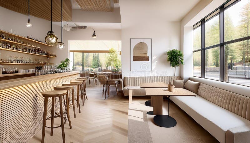 White and Wooden Cafe Interior with Bar and Sofa Stock Illustration ...