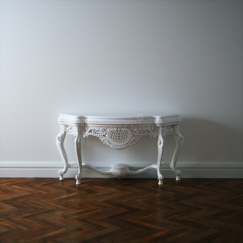 White Wooden Carved Table in Empty Interior 3d Render Stock ...
