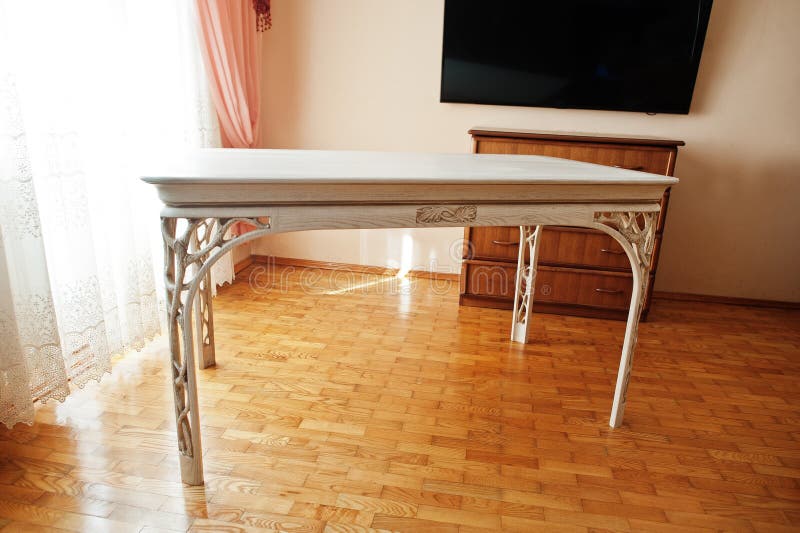 White Wooden Carved Table in Flat Stock Image - Image of business, home ...