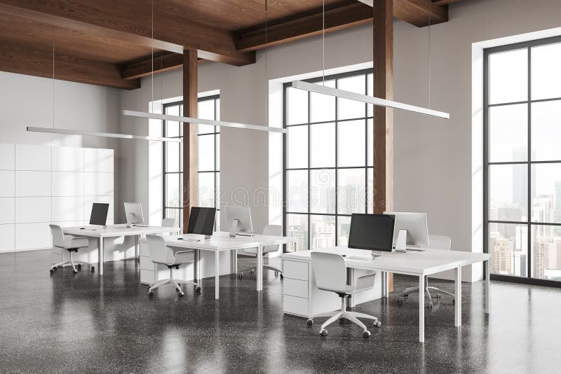 White and Wooden Ceiling Open Space Office Corner Stock Illustration ...