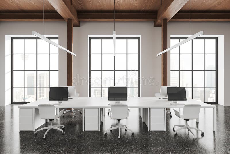 White and Wooden Ceiling Open Space Office Interior Stock Illustration ...