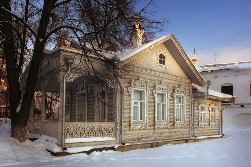 White Wooden Cottage House at Winter Stock Photo - Image of beautiful ...