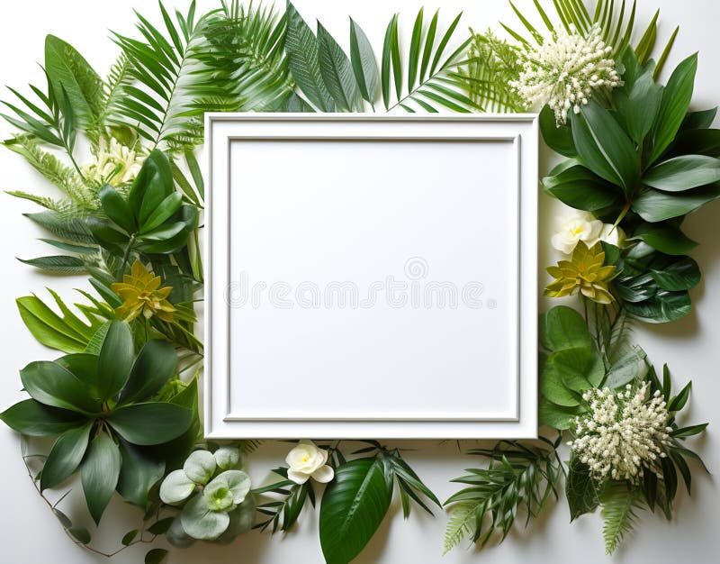 White Wooden Frame and Tree Stems, Green and White Leaves. Stock ...