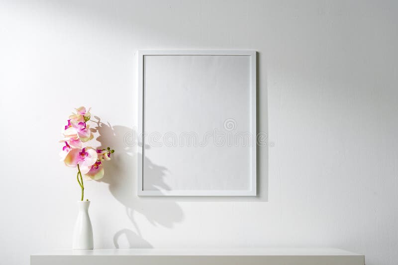 White Wooden Frame on White Wall Above the Table Copy Space Stock Image ...
