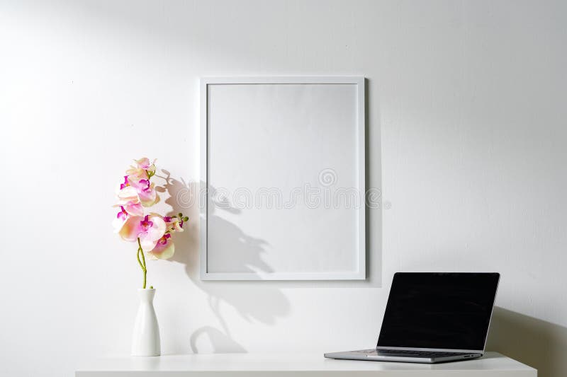 White Wooden Frame on White Wall Above the Table Copy Space Stock Photo ...
